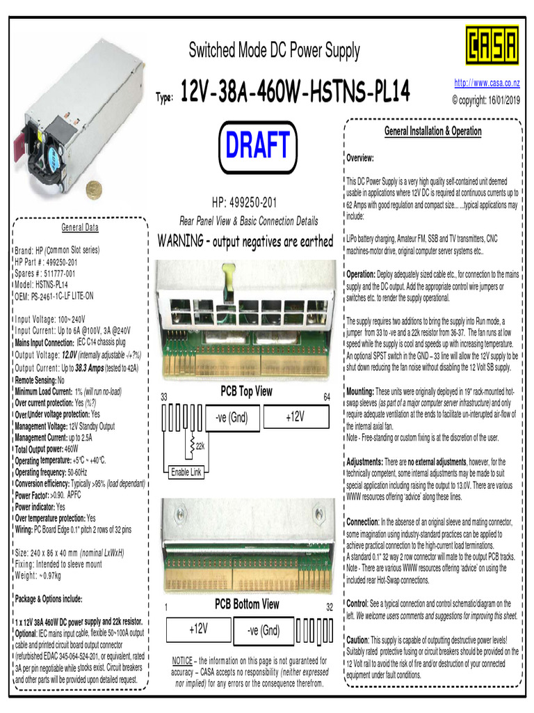 12V 38A 460W HSTNS PL14 Deployment | PDF | Power Supply | Mains Electricity