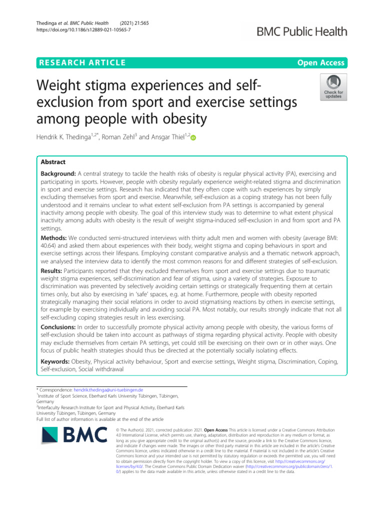 Weight Stigma Experiences and Self-Exclusion From Sport and Exercise ...