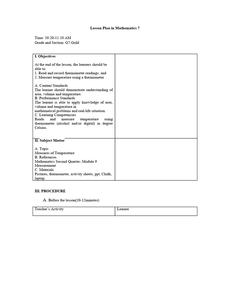 Lesson Plan in Mathematics 7 | PDF | Celsius | Fahrenheit