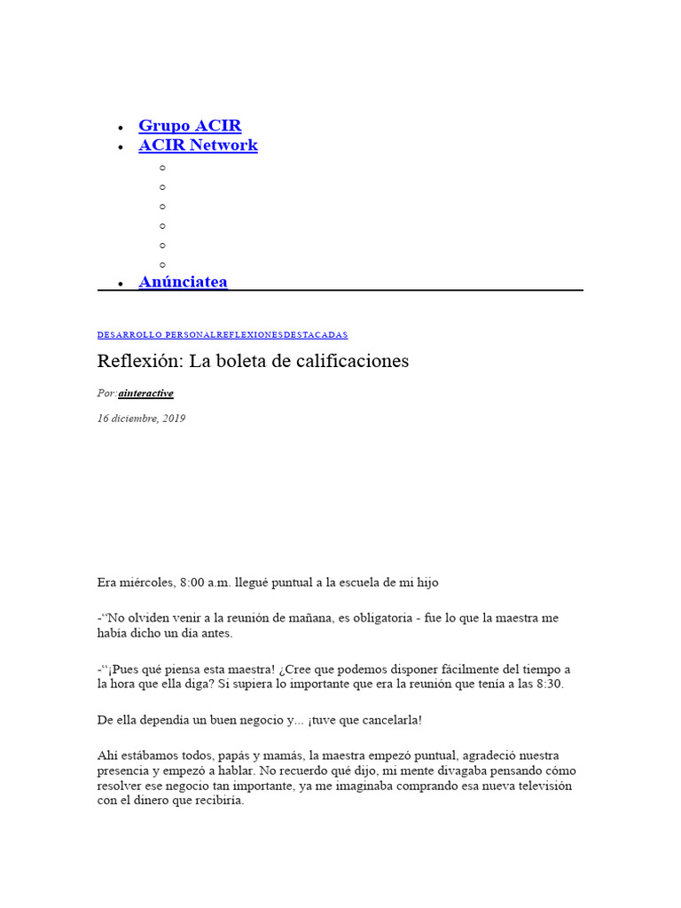 Reflexión: La Boleta de Calificaciones: Grupo ACIR ACIR Network | PDF