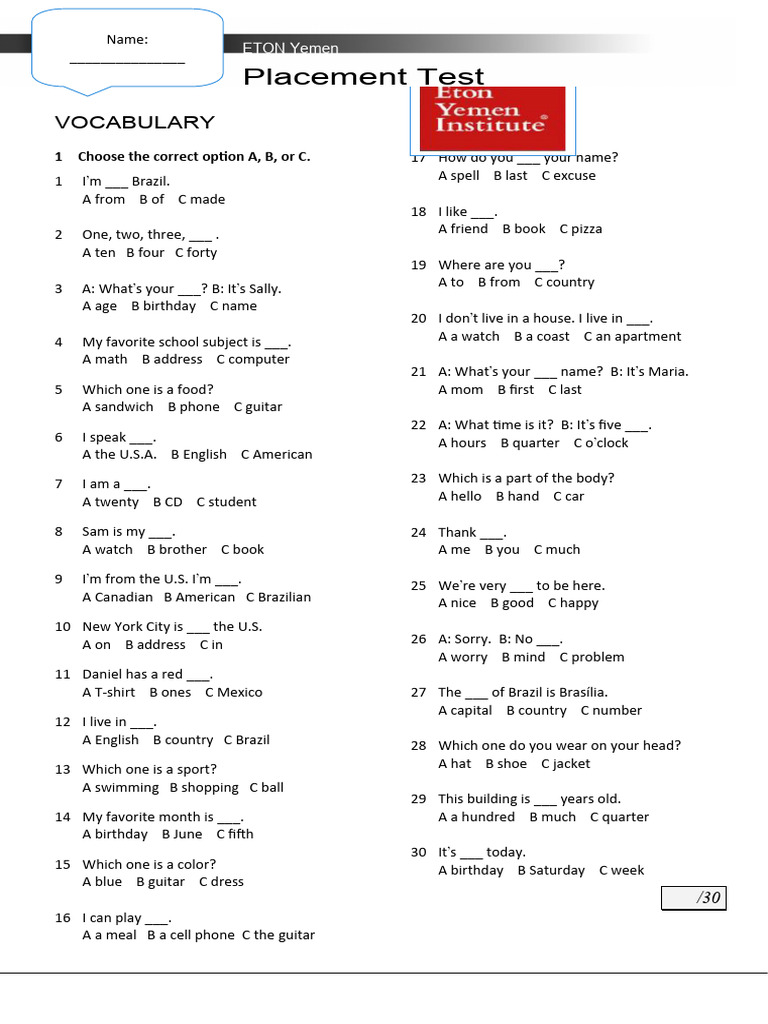 Online Placement Test For Beginners | PDF