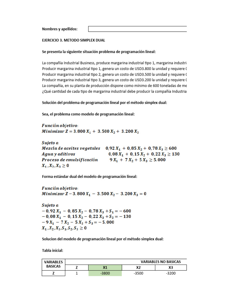 Plantilla Ejercicio 3 - Metodo Simplex Dual - Tarea 1 | PDF | Programación lineal | Análisis ...