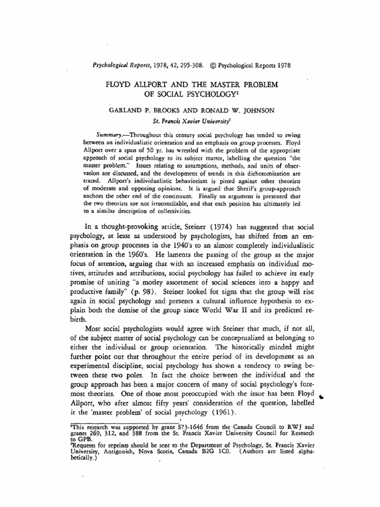 Floyd Allport and The Master Problem of Social Psychology | PDF ...
