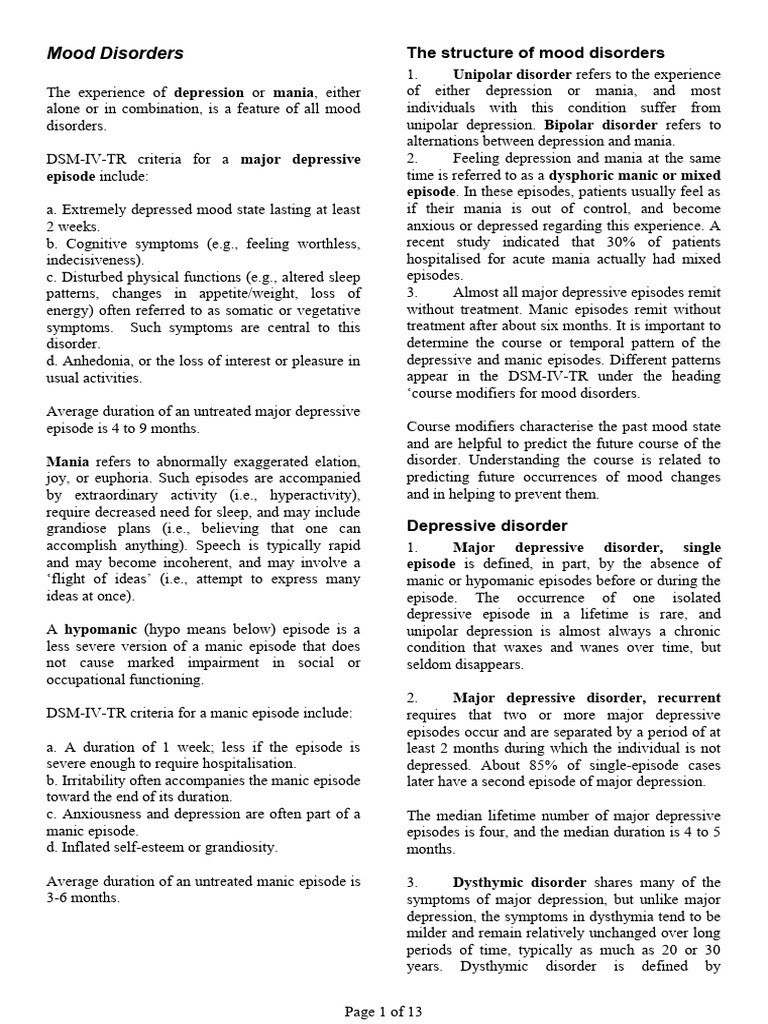 Understanding Mood Disorders: Types & Symptoms | PDF | Major Depressive ...