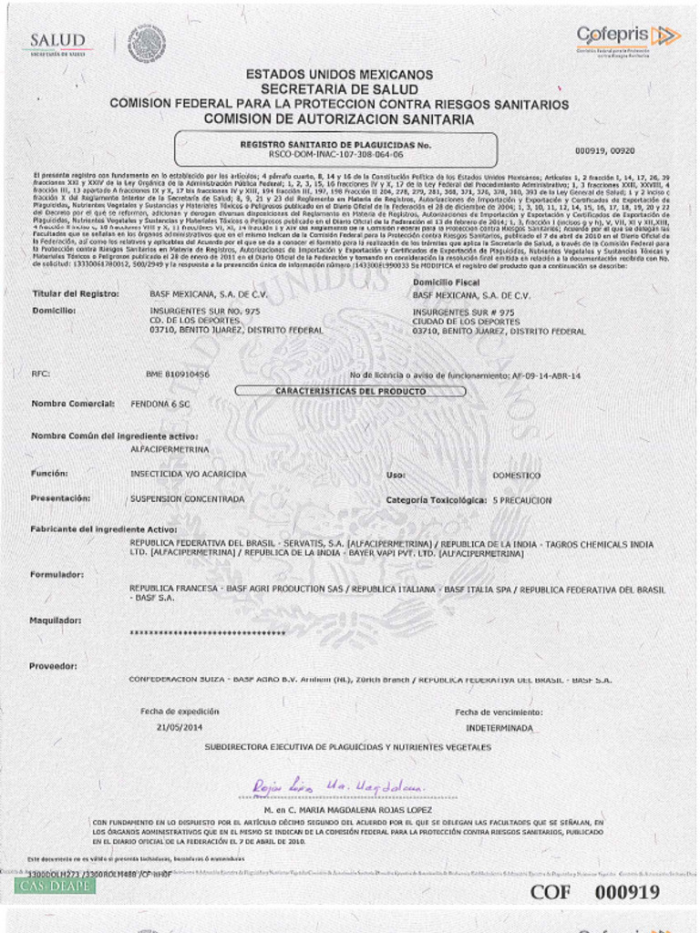 Fendona 6 Registro COFEPRIS | PDF