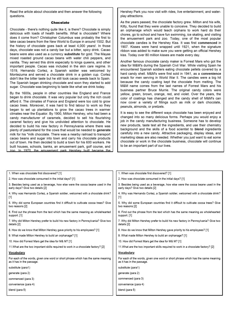 Chocolate Reading Comprehension | PDF | Chocolate | Foods
