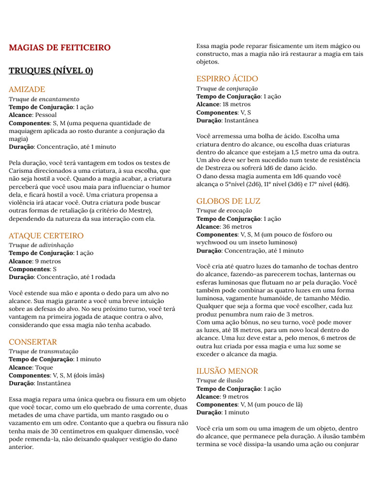D&D 5E - Resumo de Magia Feiticeiro | PDF | Relâmpago | Pensamento
