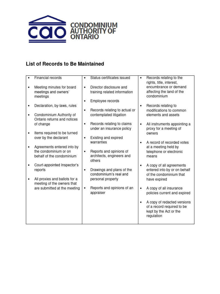 CAO - List of Records To Be Maintained | PDF | Business Law | Private Law
