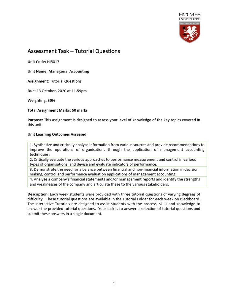 HI5017 Tutorial Question Assignment T2 2020 | PDF | Management Accounting | Cost