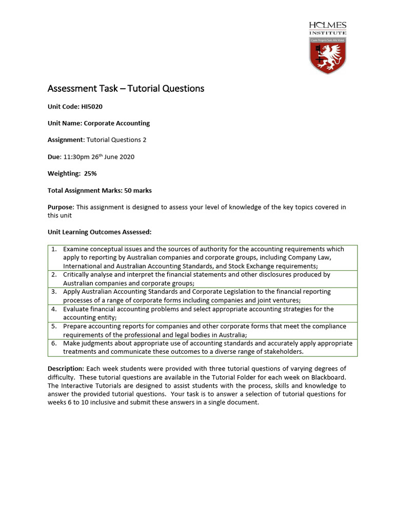 HI5020 Tutorial Question Assignment 2 PDF | PDF | Depreciation | Deferred Tax