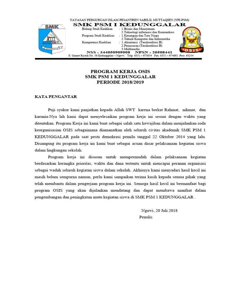 Program Kerja OSIS SMK PSM 1 Kedunggalar | PDF