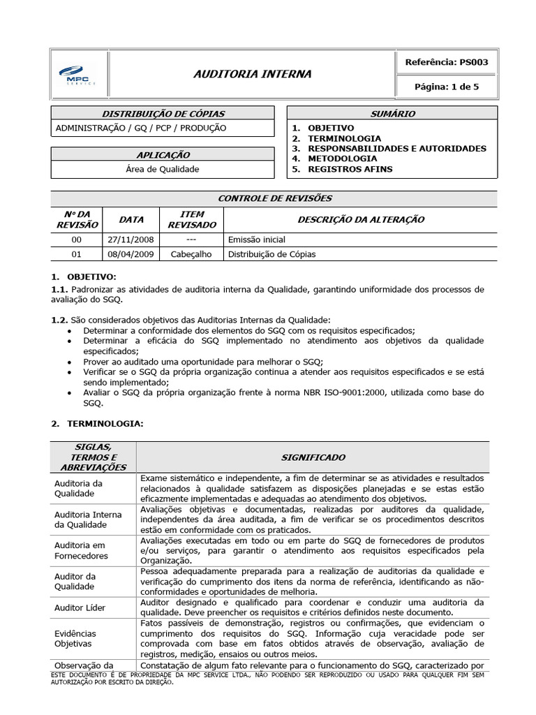 PS003 Auditoria Interna Da Qualidade Rev-01 | PDF | Auditoria interna ...