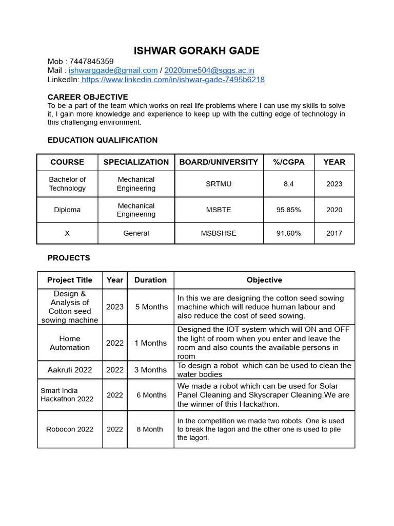 Ishwar Gade Resume | PDF | Engineering