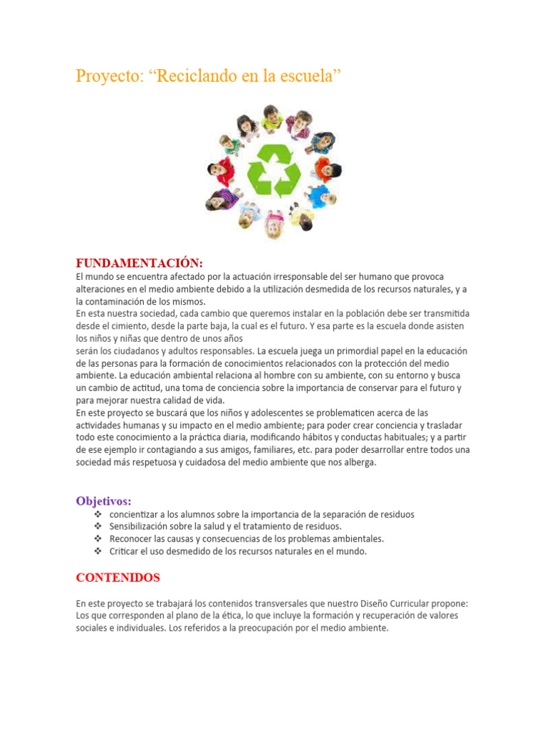 Proyecto Reciclaje Pdf Residuos Entorno Natural
