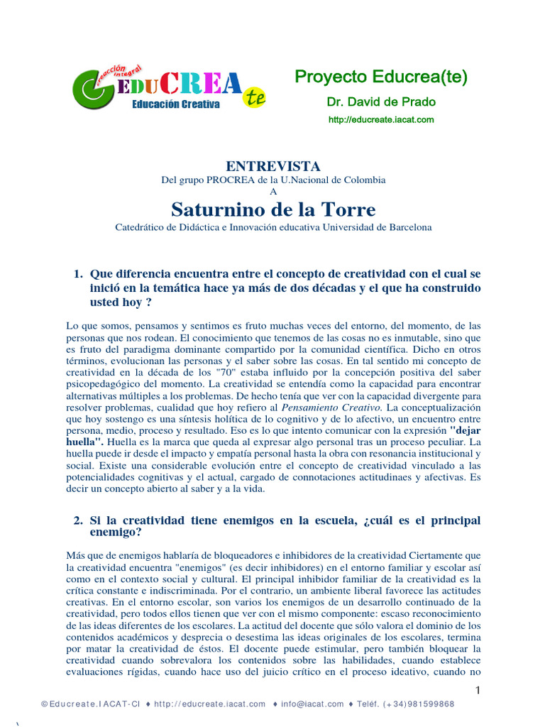 Educreate - Entrevista Saturnino | PDF | Creatividad | Aprendizaje