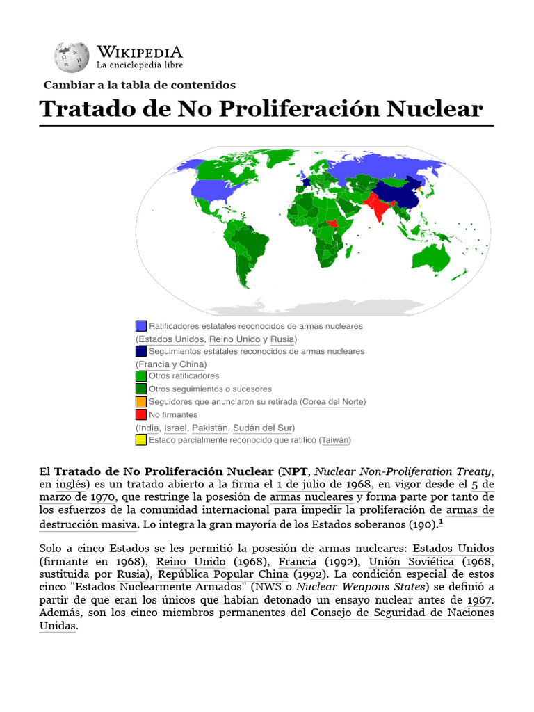 Tratado de No Proliferación Nuclear - Wikipedia, La Enciclopedia Libre | PDF | Tratado sobre la ...