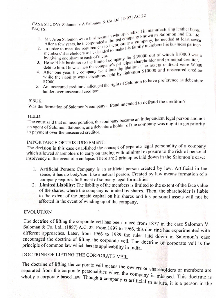 SALOMON v. SALOMAN & DOCTRINE OF CORPORATE VEIL | PDF