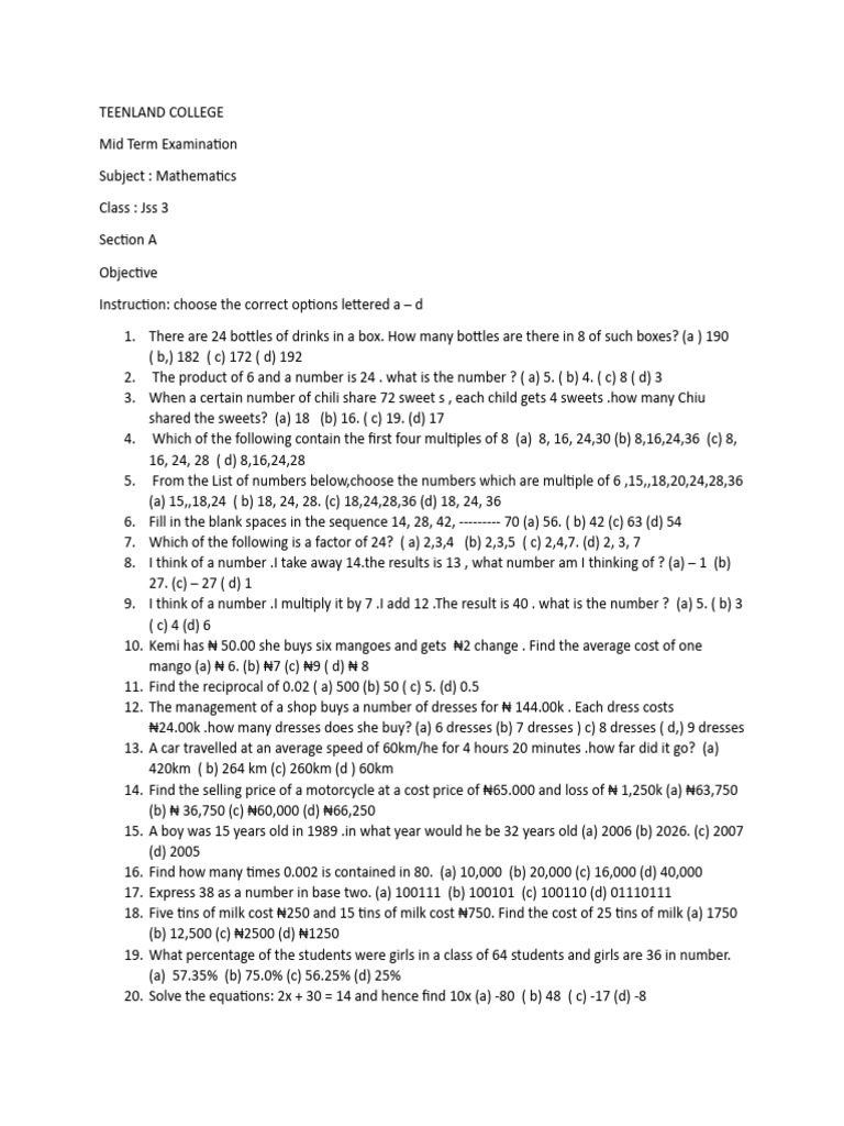 JSS 3 Mathematics Mid Term Examination | PDF | Numbers | Arithmetic
