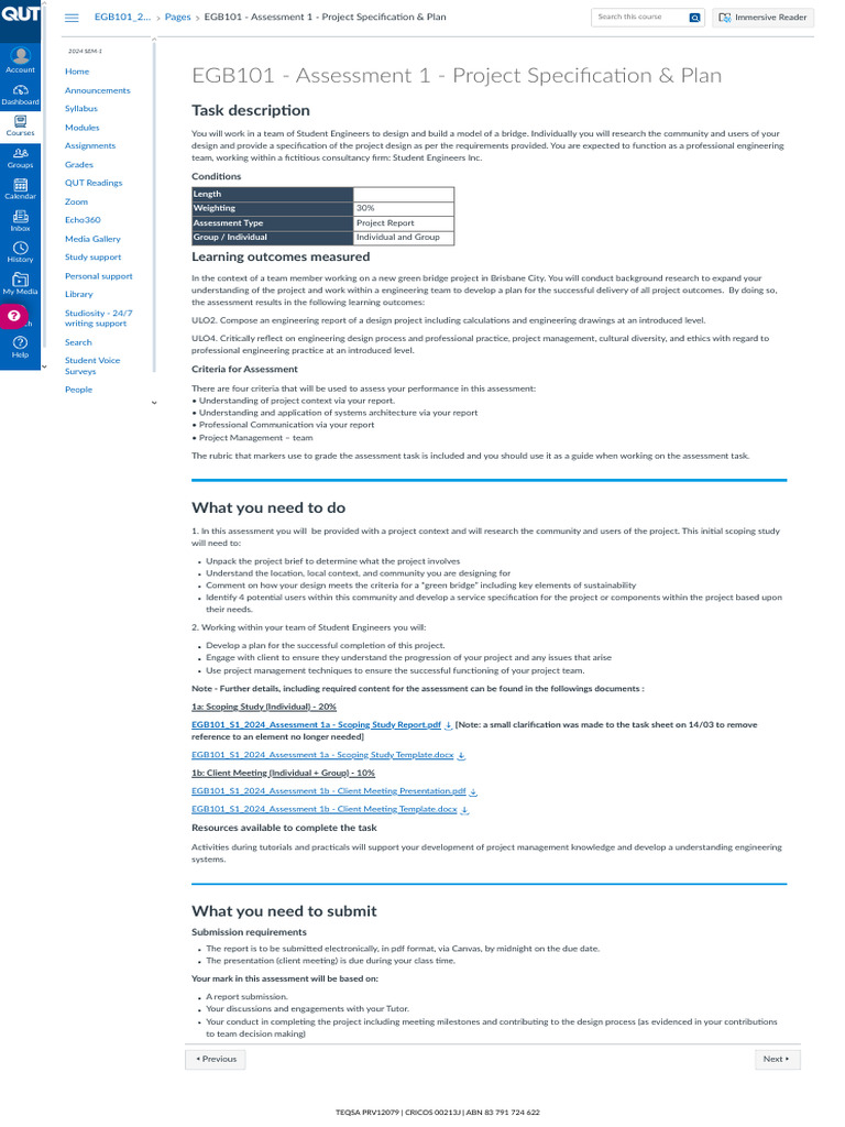 EGB101 - Assessment 1 - Project Specification & Plan - EGB101 - 24se1 Engineering Design and ...