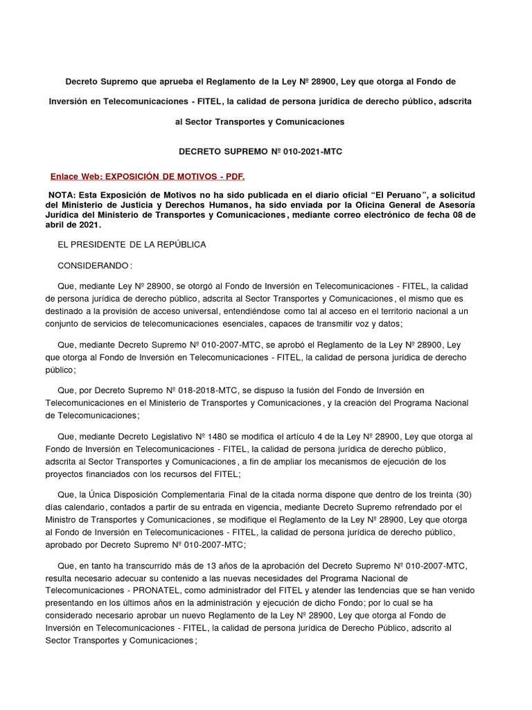 DS 010-2021-MTC | PDF | Telecomunicaciones | Regulación