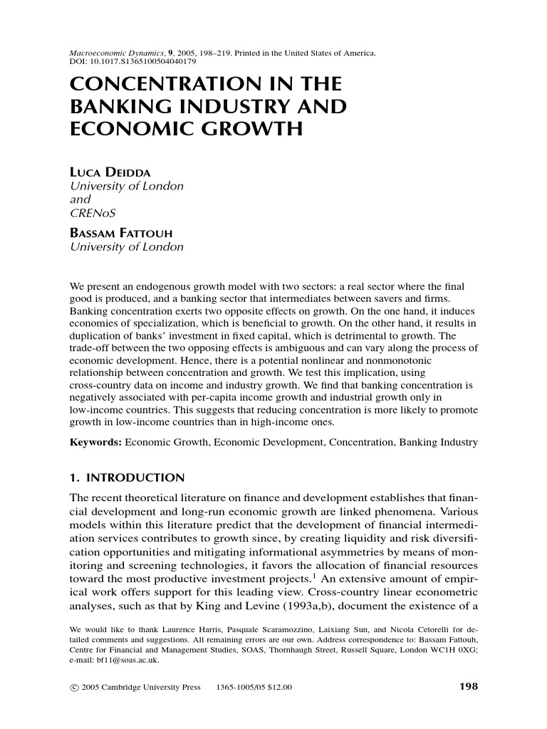 Concentration in The Banking Industry and Economic Growth: University ...