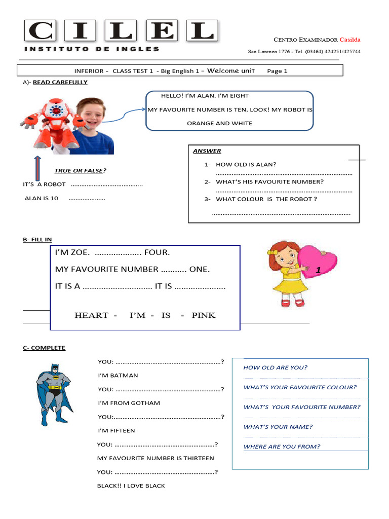 Inferior - Big English 1 - Welcome Unit Class Test | PDF