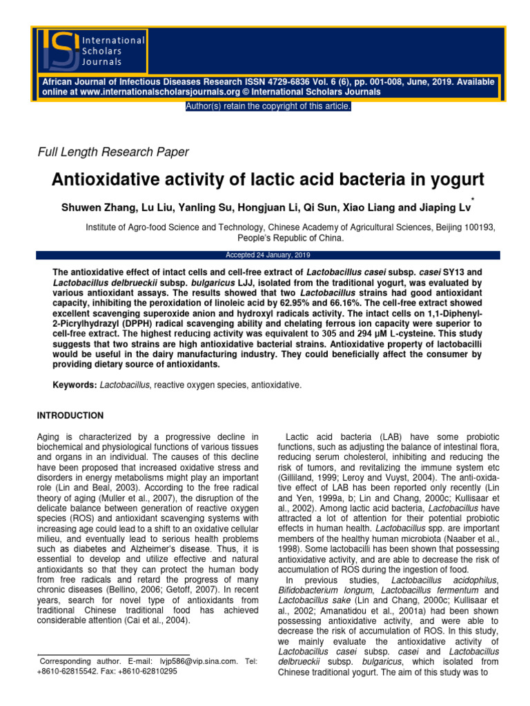 Antioxidative Activity of Lactic Acid Bacteria in Yogurt | PDF ...