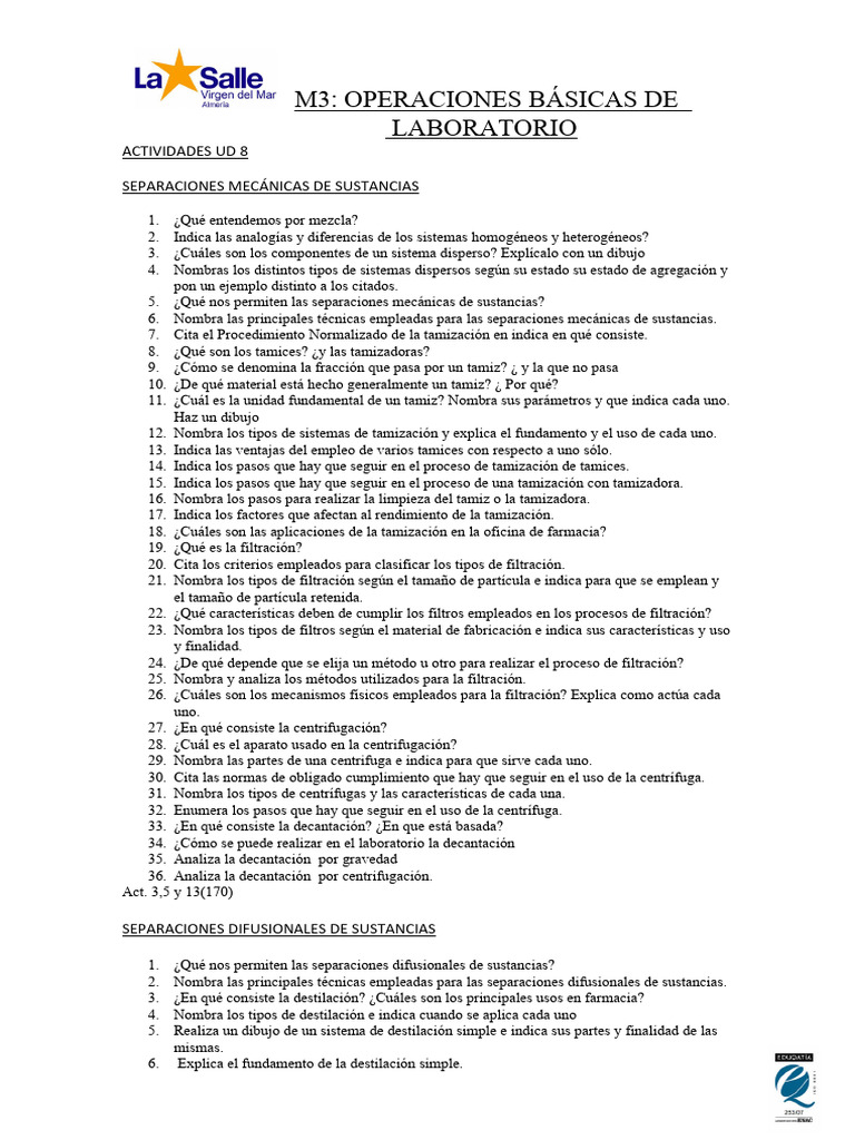 Actividades UD 8 | PDF | Destilación | Filtración