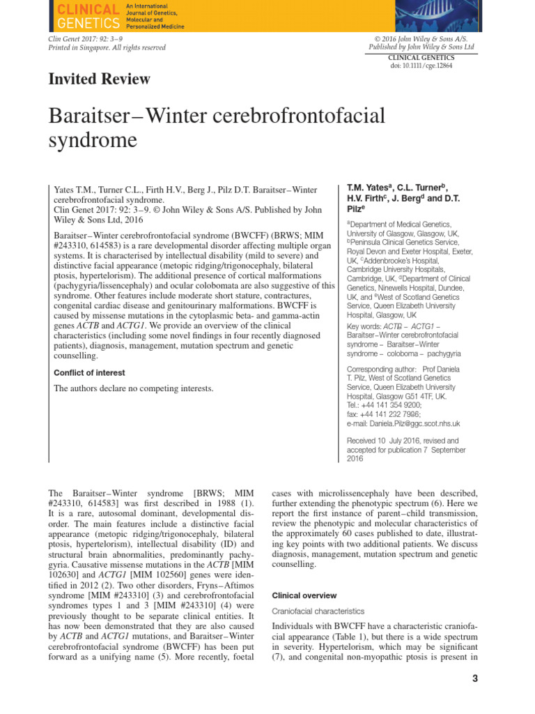 Baraitser-Winter Cerebrofrontofacial | PDF | Human Diseases And Disorders | Medical Specialties