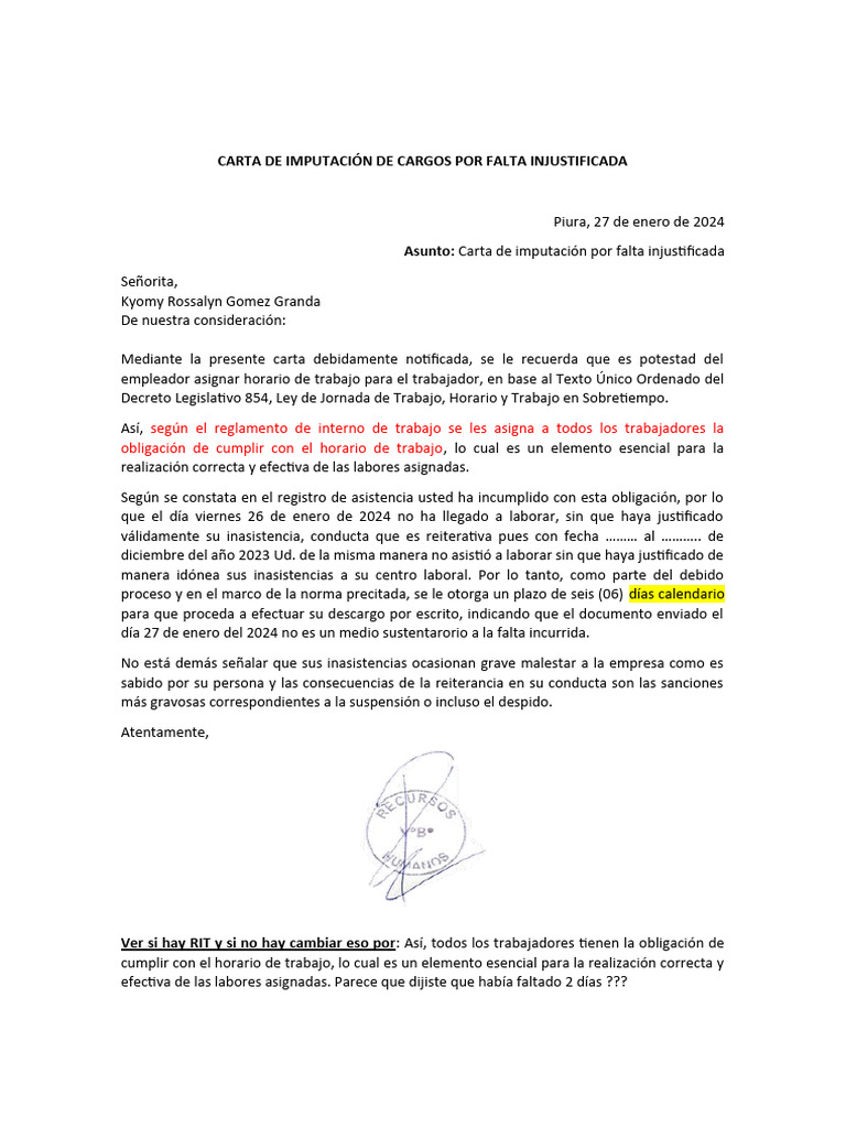 Carta de Imputación de Cargos Por Falta Injustificada | PDF
