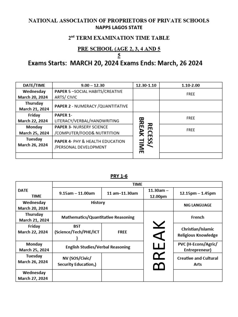 UPDATED NAPPS UTE 2ND Term Exam Time Table - 2023-2024 | PDF | Science