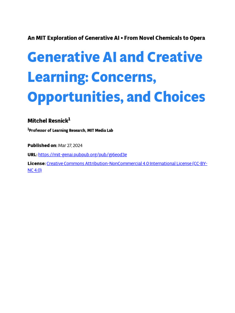 Generative AI and Creative Lear - Mitchel Resnick | PDF | Artificial Intelligence | Intelligence ...