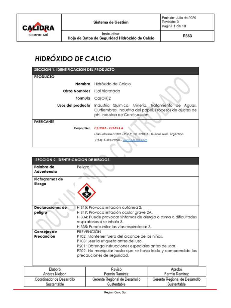 HDS Cal Calidra | PDF | Agua | Ácido
