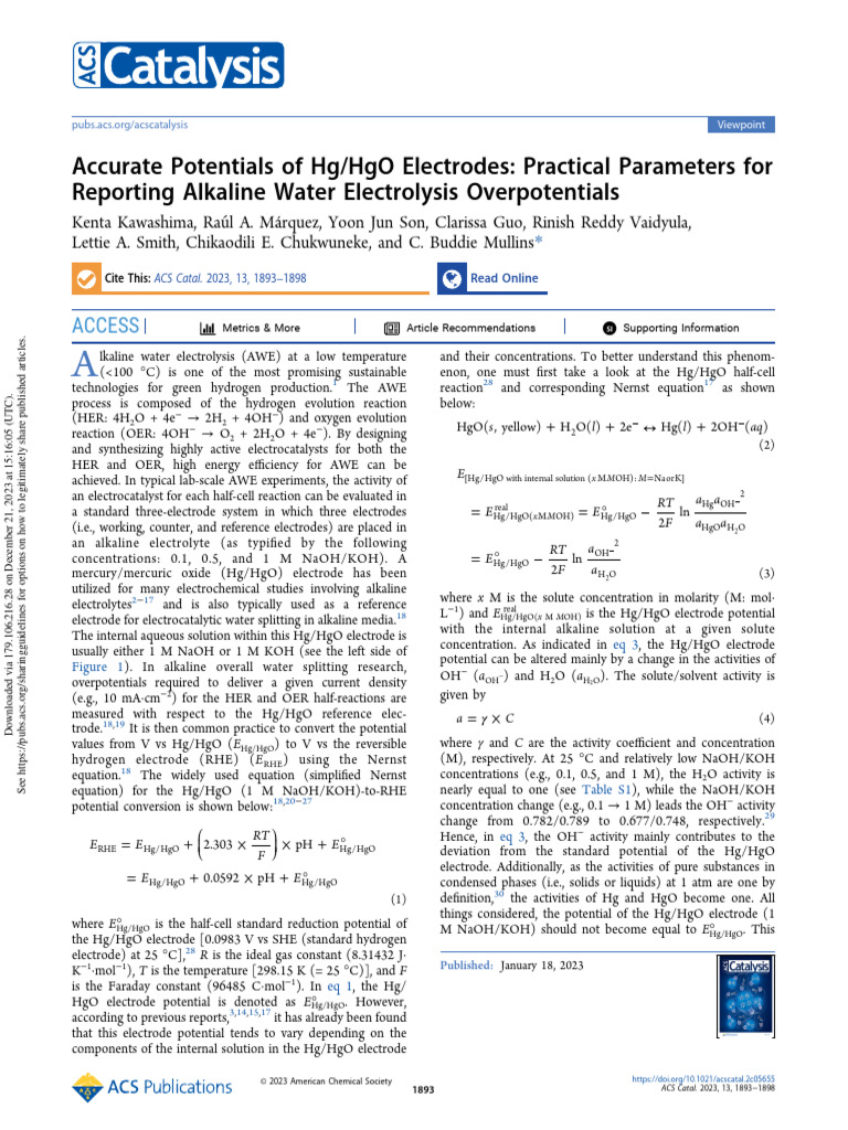 Accurate Potentials of Hg/HgO Electrodes | PDF | Gases | Materials Science