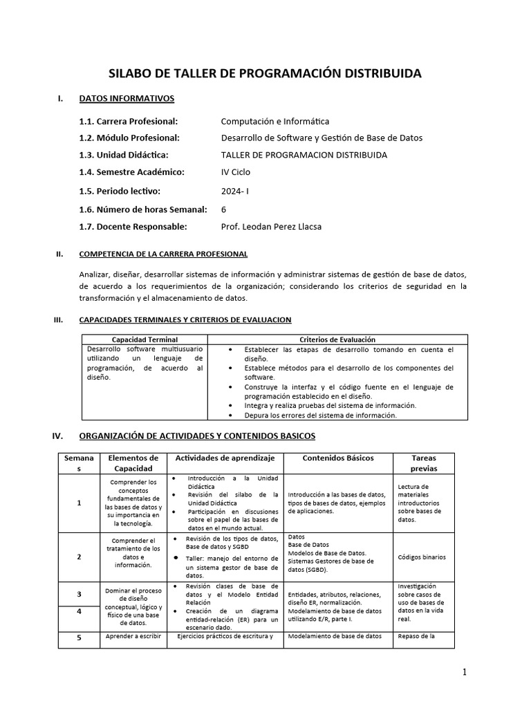 Silabo de Taller de Base de Datos | PDF | Bases de datos | SQL