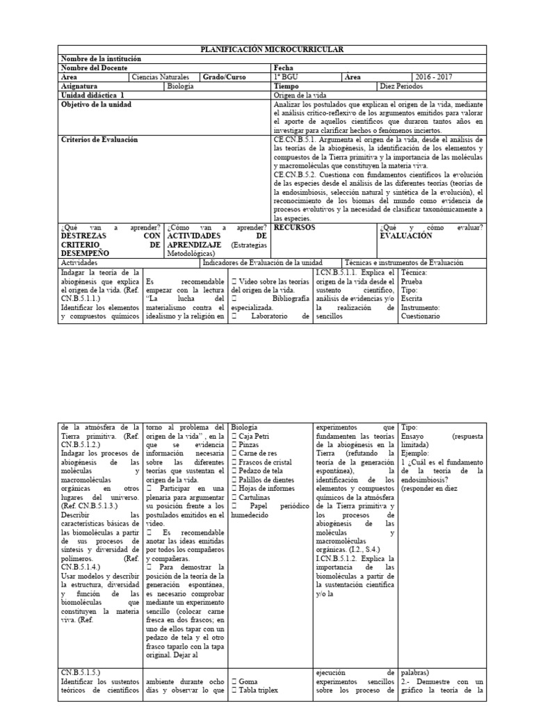 Planificación Microcurricular Pdf Evolución Abiogénesis
