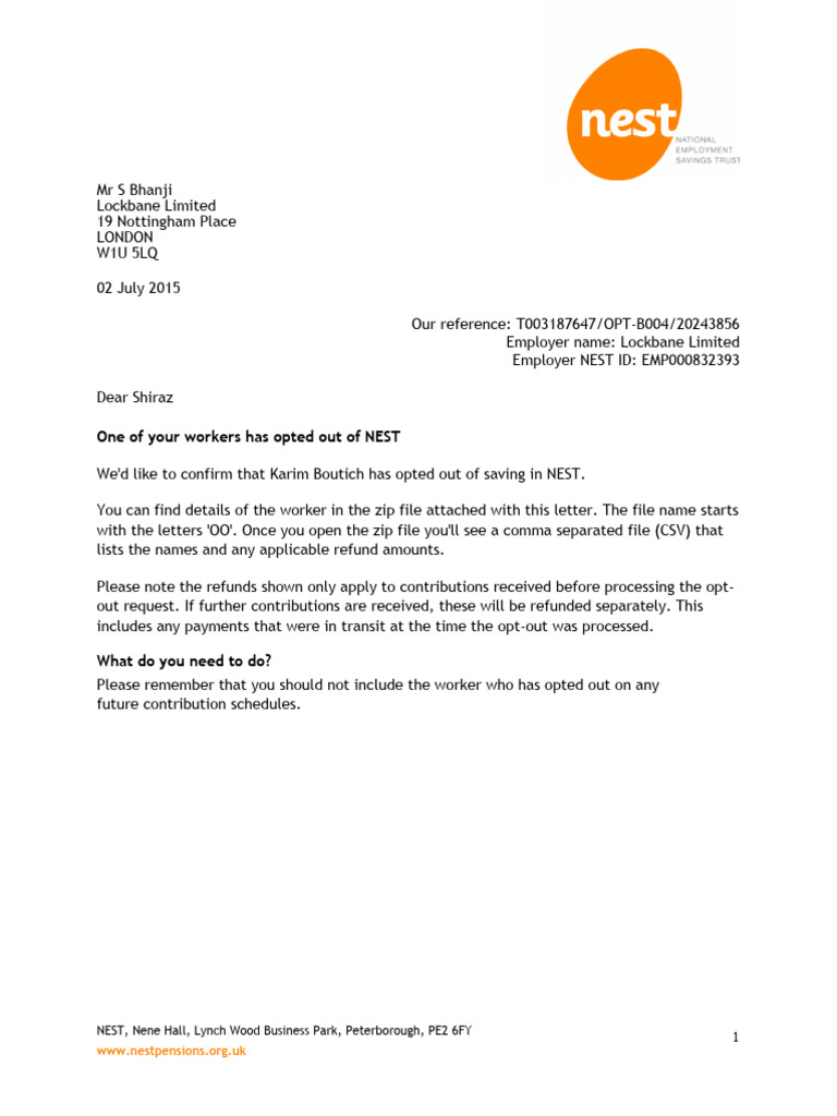 One of Your Workers Has Opted Out of NEST: NEST, Nene Hall, Lynch Wood Business Park ...