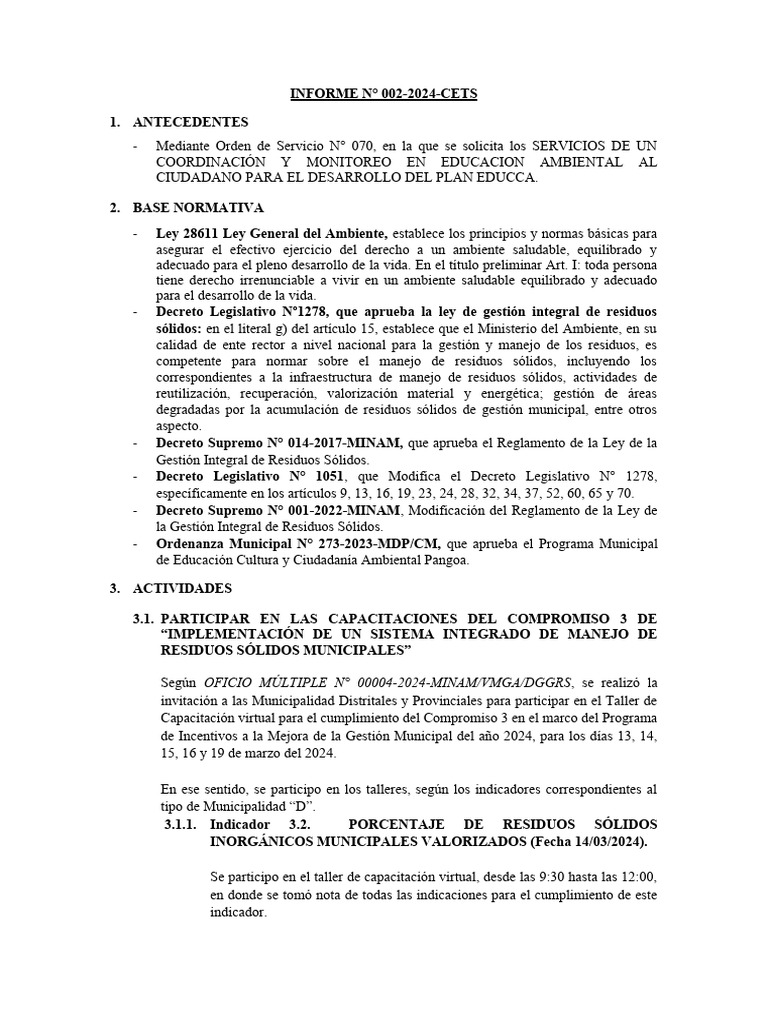 Informe Entregable Segundo | PDF | Residuos | Materiales