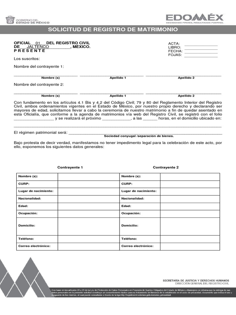 Solicitud de Registro de Matrimonio: Oficial - 01 - Del Registro Civil DE - JALTENCO - , MÉXICO ...