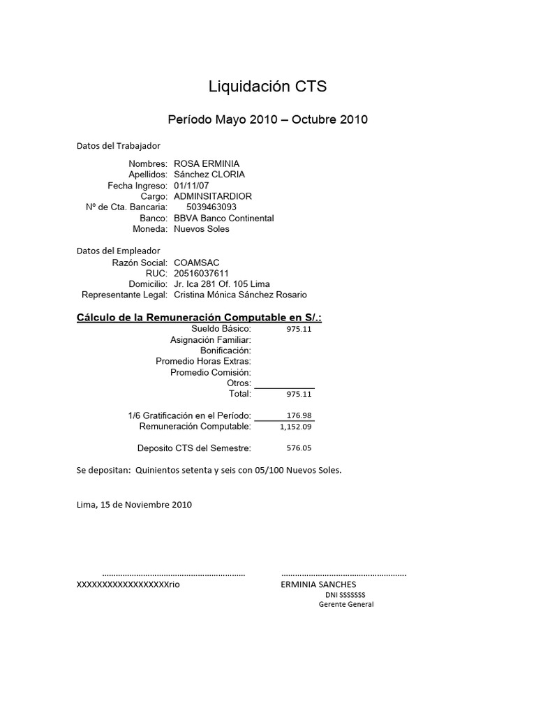 Liquidación CTS Mayo10 | PDF