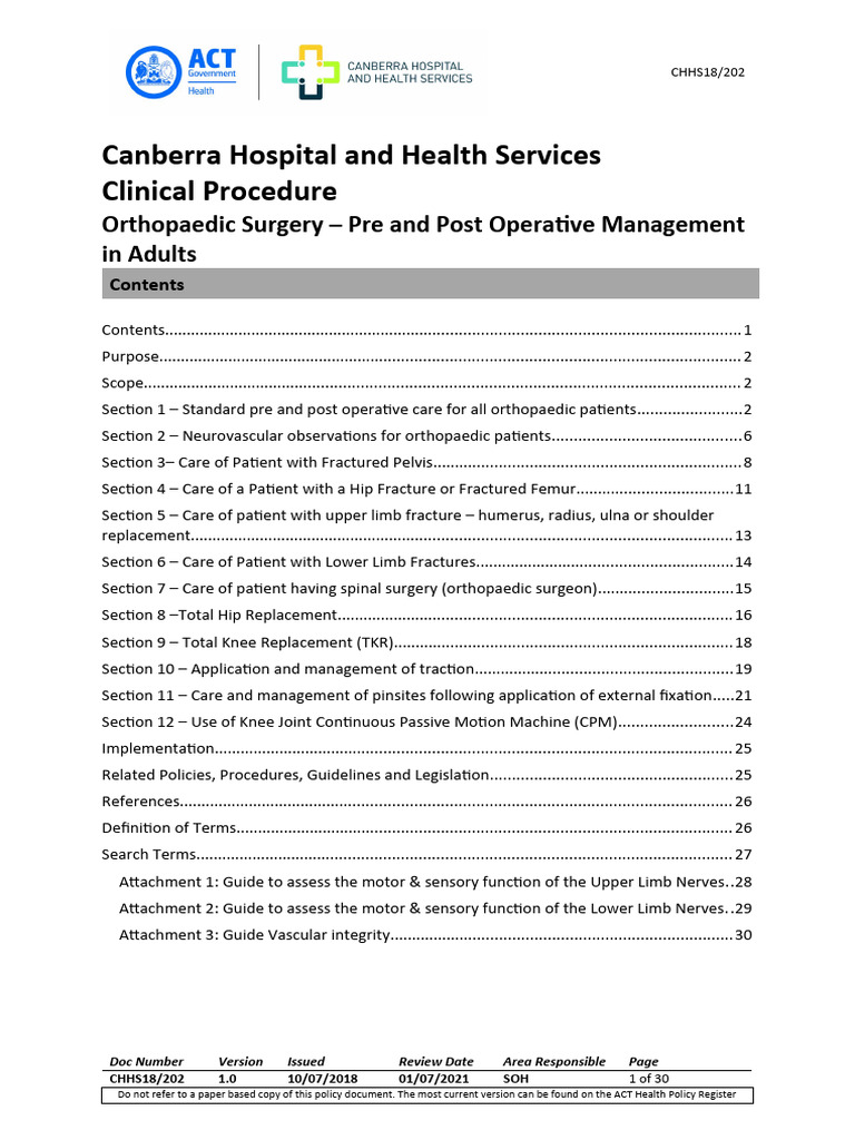 Orthopaedic Surgery - Pre and Post Operative Management in Adults | PDF ...