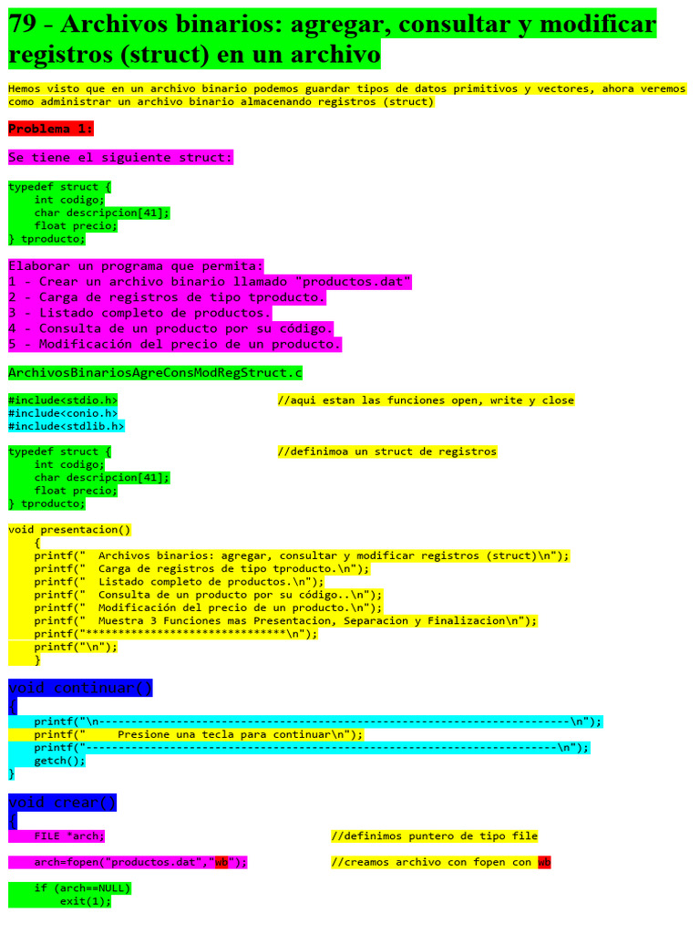 Archivos Binarios Agregar Consultar Modificar Struct | PDF | Puntero (Programación de ...