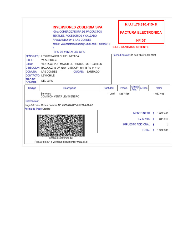 Inversiones Zoberbia Spa R.U.T.:76.810.415-8 Factura Electronica Nº107 | PDF