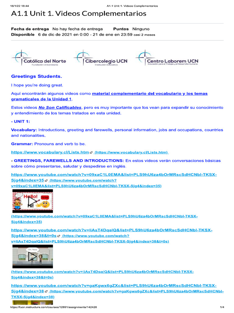 A1.1 Unit 1. Videos Complementarios | PDF