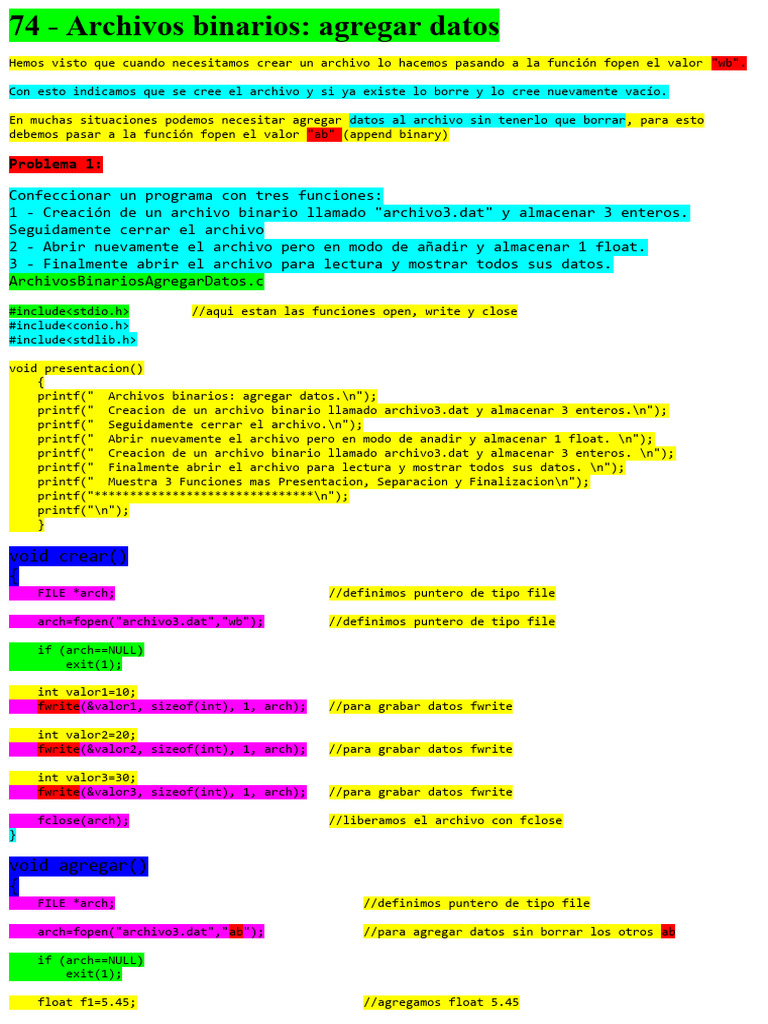 Archivos Binarios Agregar Datos | PDF | Puntero (Programación de computadora) | Ciencias de la ...
