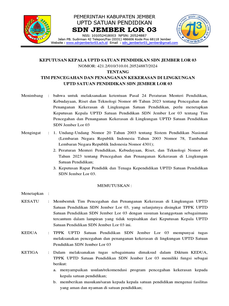 Tim Pencegahan Kekerasan SDN Jember Lor 03 | PDF