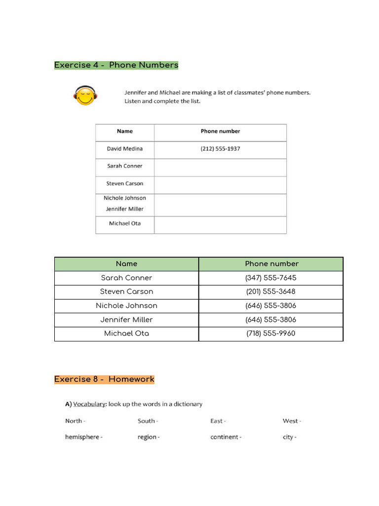 Phone Numbers and Homework Exercises | PDF