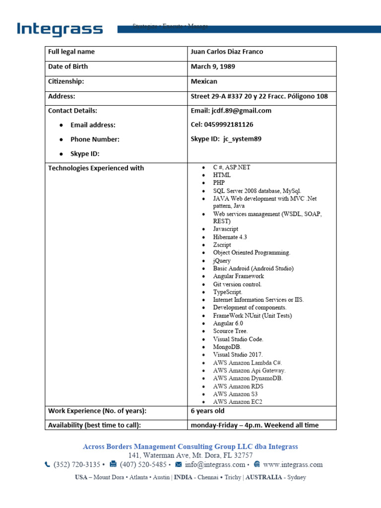 Juan Carlos Diaz Franco-Integrass Candidate Profile Sheet | PDF ...