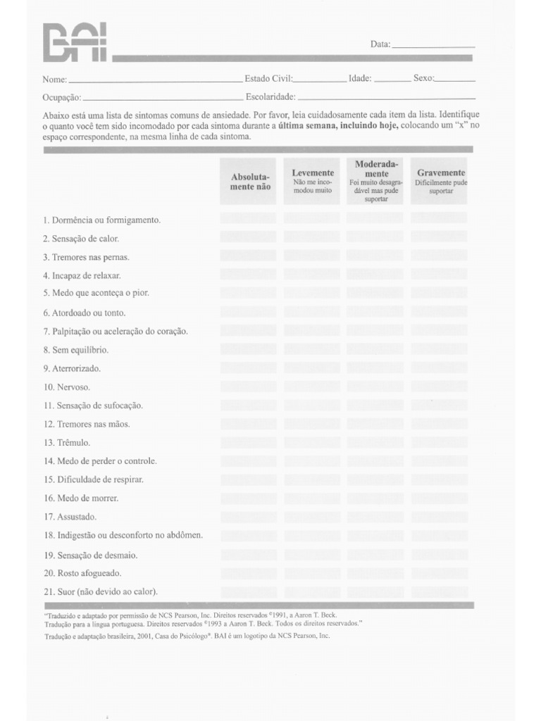 Escala Bai Beck - Ansiedade | PDF