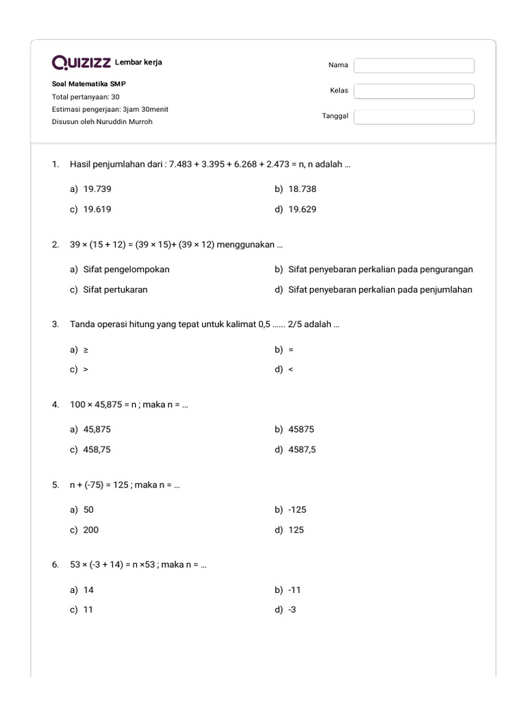 Soal Matematika SMP untuk Quizizz | PDF